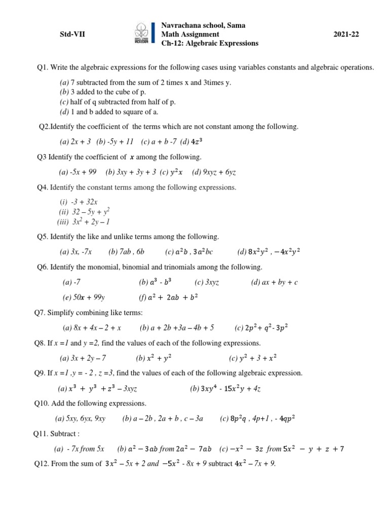 Algebraic Expressions Class7 Assignment, 21-22 | PDF | Mathematical ...