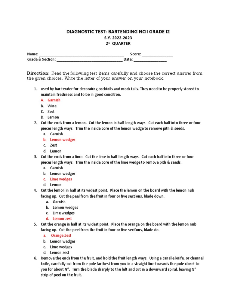 Bartending DIAGNOSTIC TEST Q2 | PDF | Whisky | Ethanol