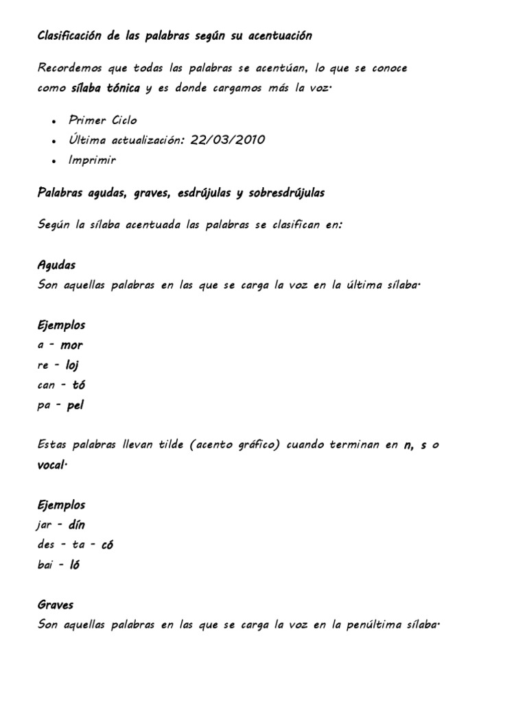 Clasificación de Las Palabras Según Su Acentuación | PDF | Mecánica del ...