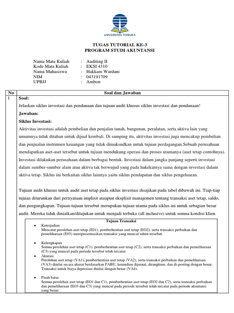 Jawaban Tugas Tutorial Ke-3 Auditing 2 | PDF