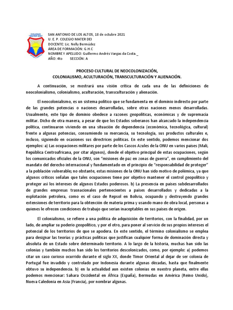 Ensayo 2. Neocolonización. Guillermo Vargas | PDF | Colonialismo