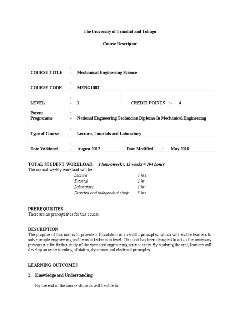 MENG1003 Course Descriptor (1) - 54645703 | Download Free PDF | Force ...