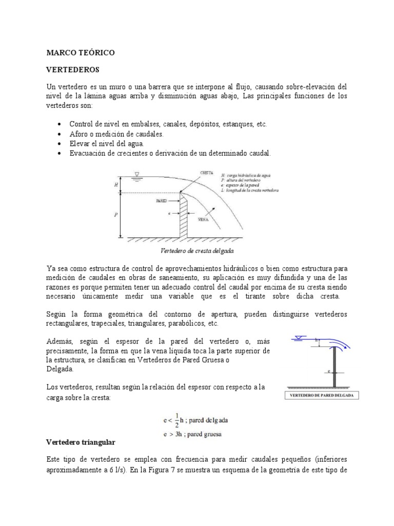 Vertederos: tipos y funciones | PDF | Descarga (hidrología) | Medición