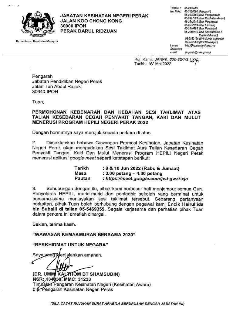 Surat JPN Jemputan Taklimat HFMD 2022 | PDF