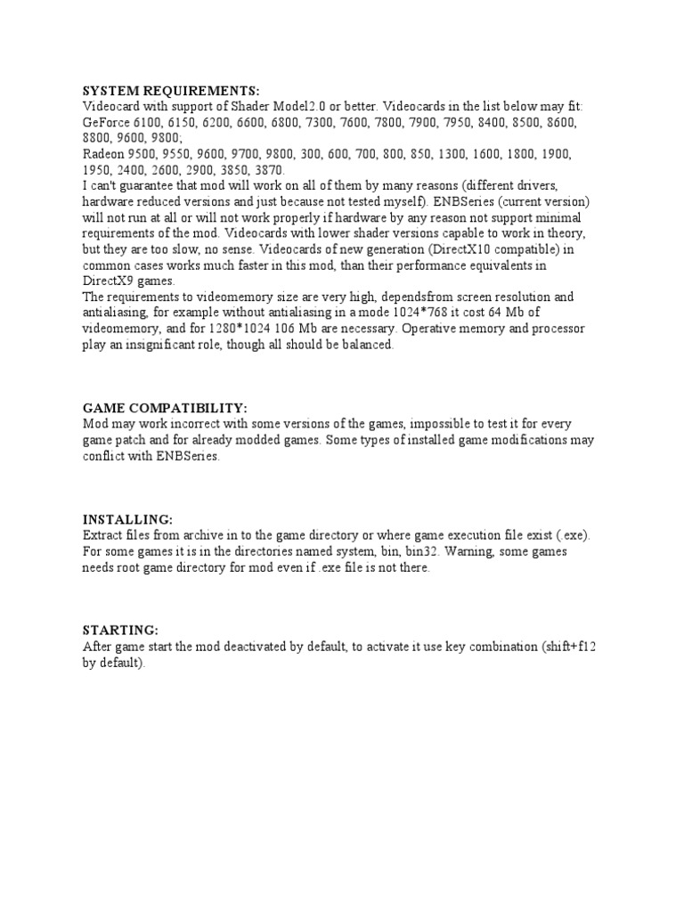 ENBSeries Mod Installation Guide | PDF | Shader | Texture Mapping