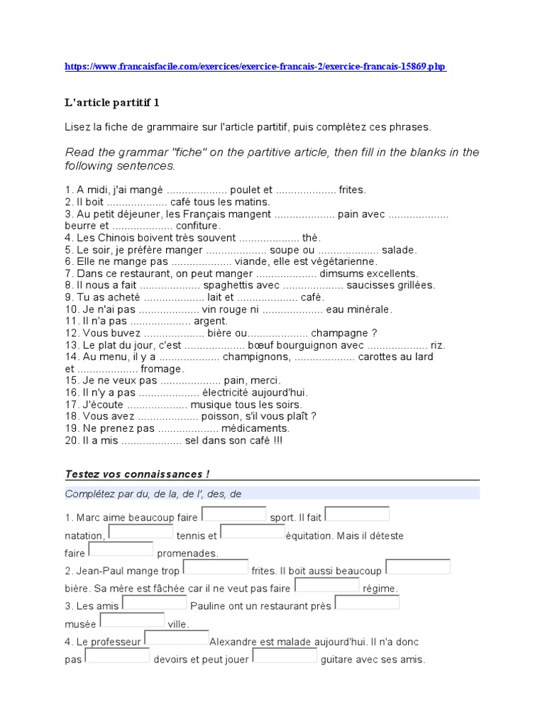 Exercices sur l'article partitif | PDF | Cuisine | Nourritures
