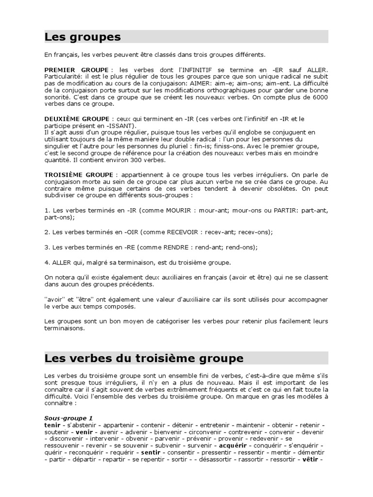 Classification des groupes de verbes | PDF | Verbe | Conjugaison