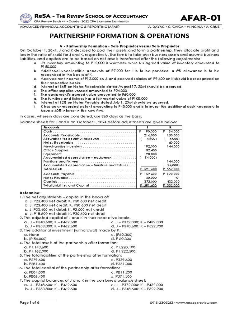 AFAR-01 (Partnership Formation & Operations) | PDF | Balance Sheet ...