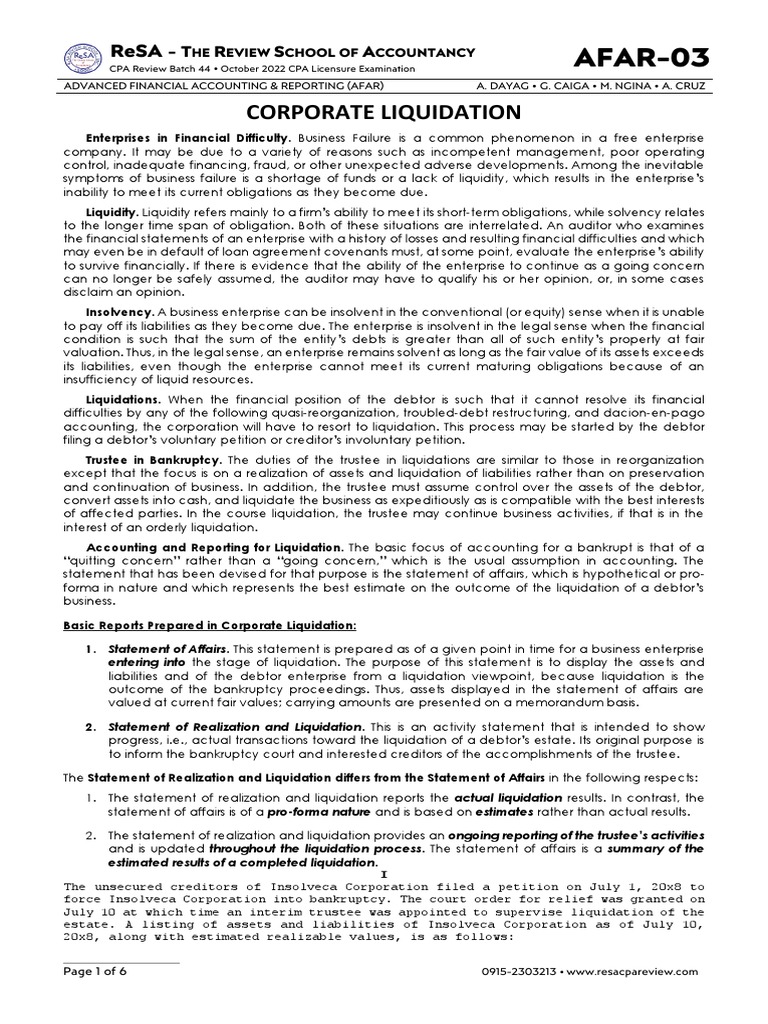 AFAR-03 (Corporate Liquidation) | PDF | Bankruptcy | Liquidation