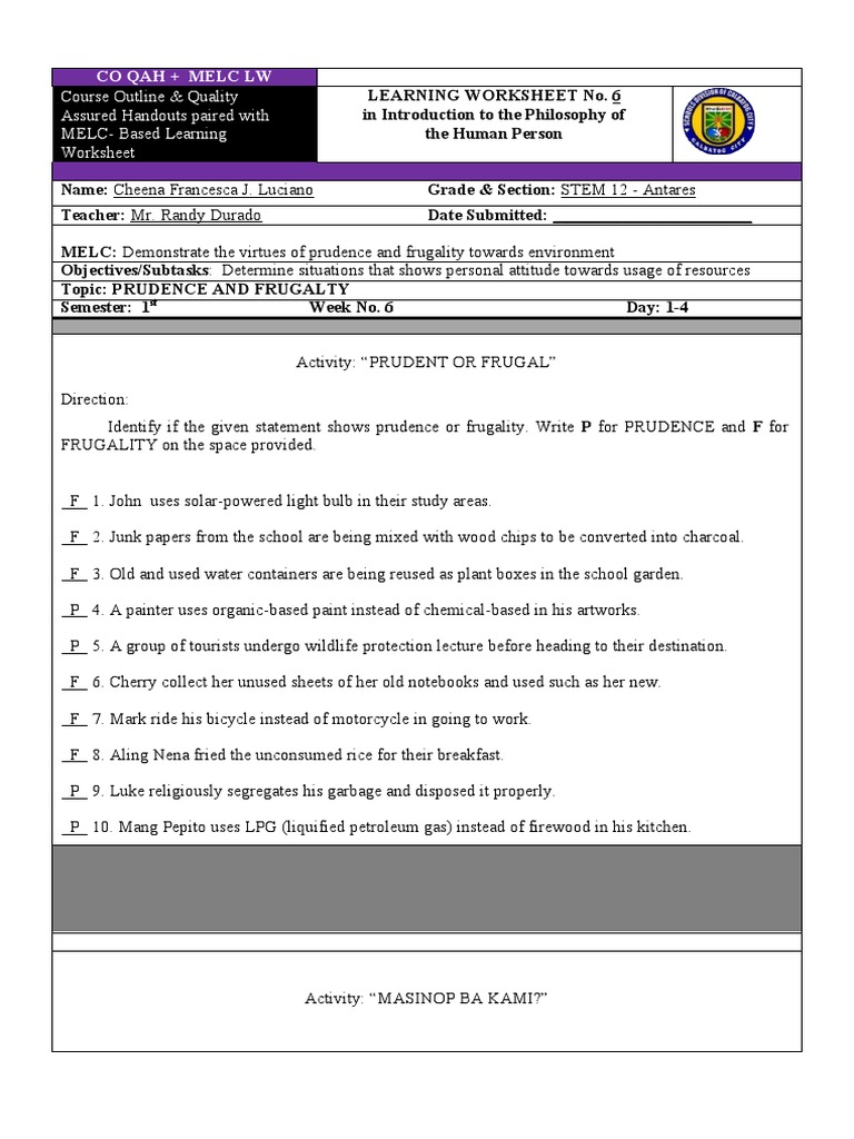 Q1 Philosophy Lesson 6 Worksheet | PDF | Recycling | Climate Change