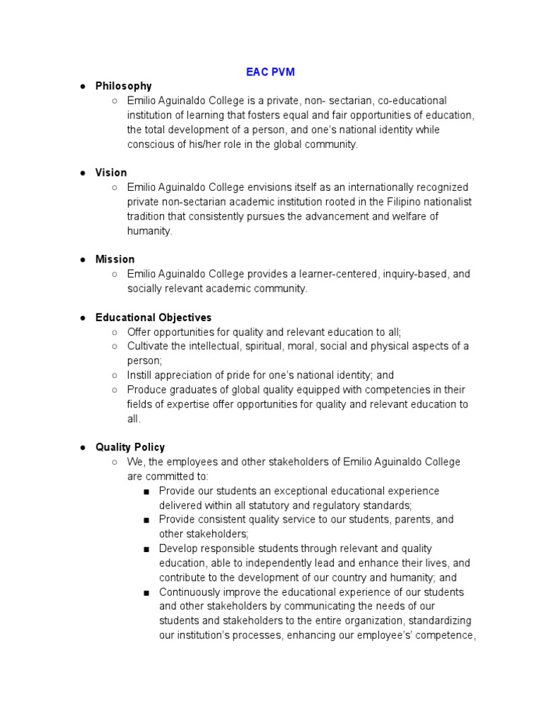 EAC PVM: Emilio Aguinaldo College's Philosophy, Vision, Mission and ...