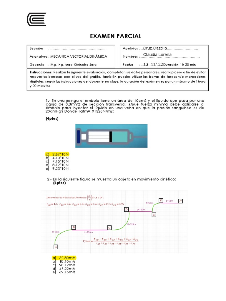 EXAMEN PARCIAL MECANICA VECTORIAL - DINAMICA - Cruz Castillo Claudia Lorena | PDF