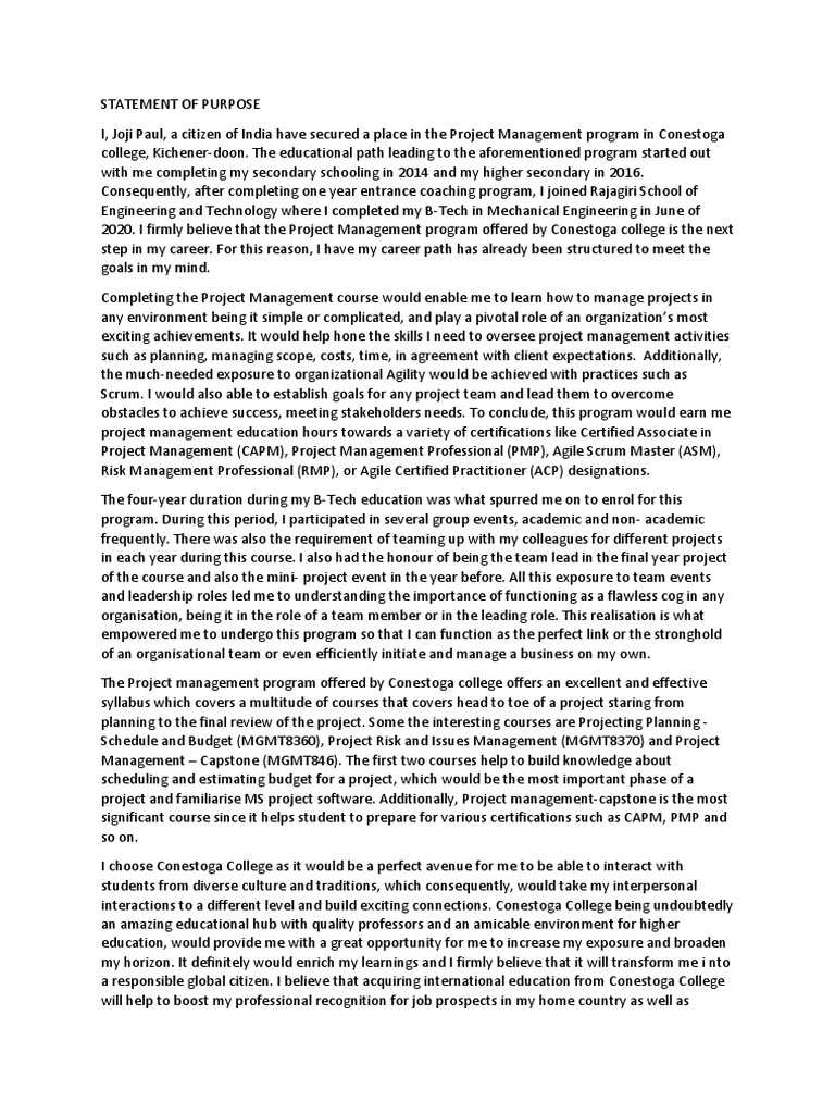 Statement of Purpose for Project Management | PDF | Project Management ...