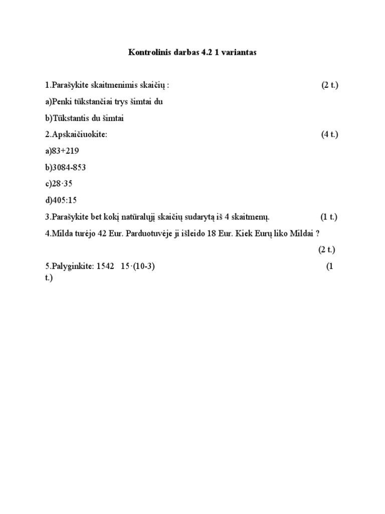 Kontrolinis Darbas 4 Klasė 2 Skyrius Matematika TAIP | PDF