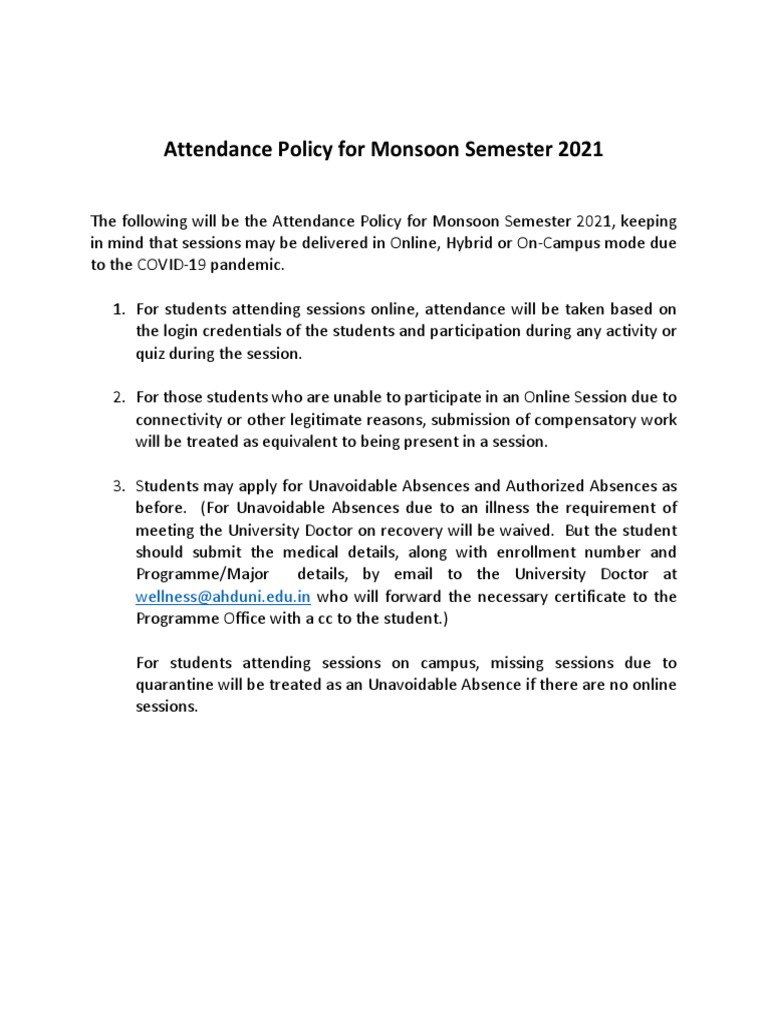 Attendance Policy For Monsoon Semester 2021 | PDF | Career & Growth ...