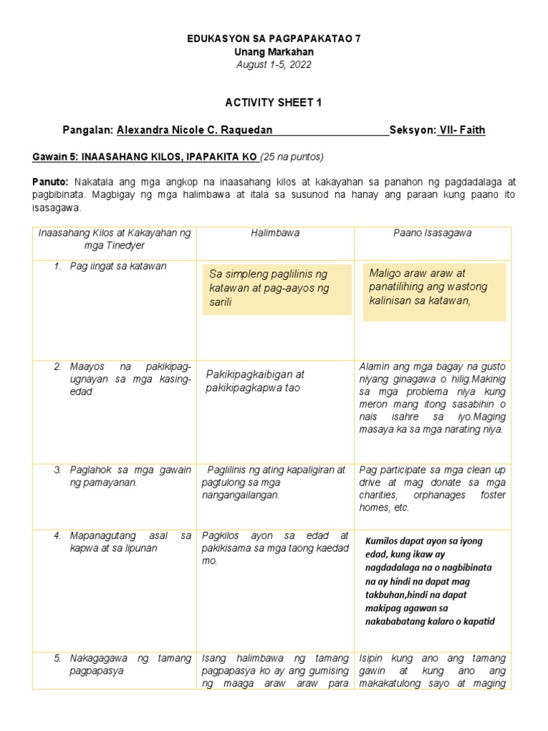 ESP7 - Activity Sheet 1 | PDF