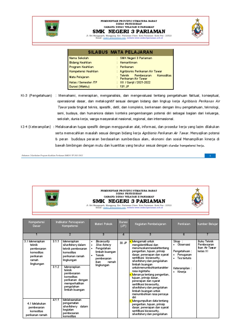 Silabus Teknik Pembesaran Perikanan SMK | PDF