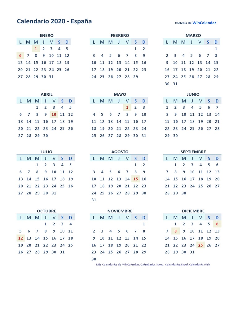 Calendario 2020 Una Pagina Esp | PDF | Calendario