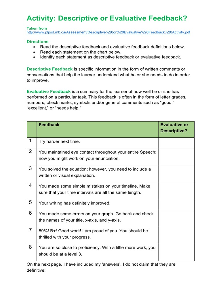 Descriptive or Evaluative Feedback Activity 1 | Download Free PDF | Communication | Behavior ...
