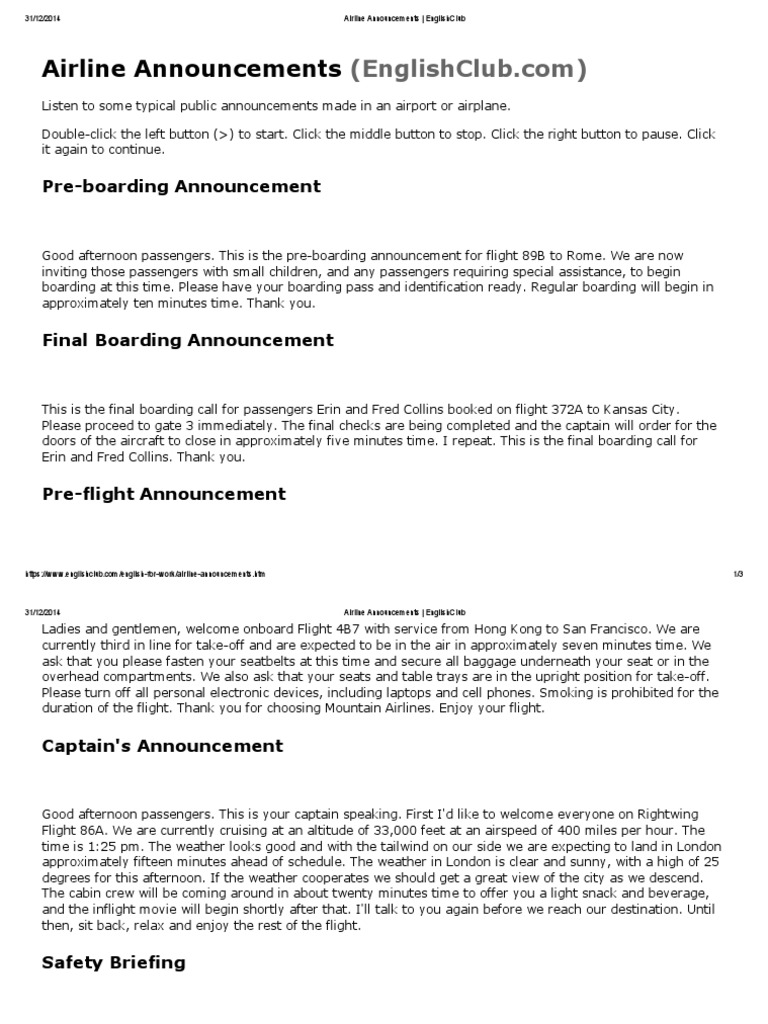 Airline Boarding Announcement Scripts | PDF | Aviation Accidents And ...