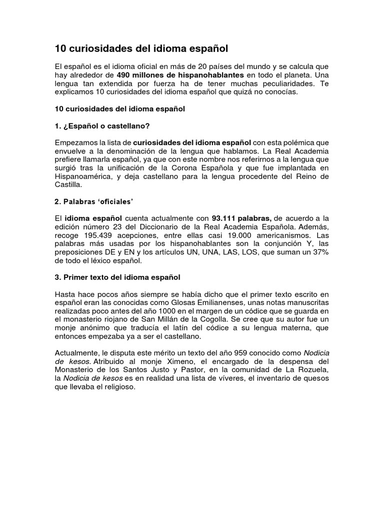 10 Curiosidades Del Idioma Español Pdf Lengua Española Maíz
