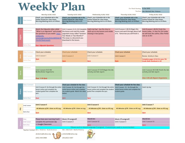 9.26.22 - Weekly Plan - Weekly Lesson Plan | PDF | Physical Education | Learning