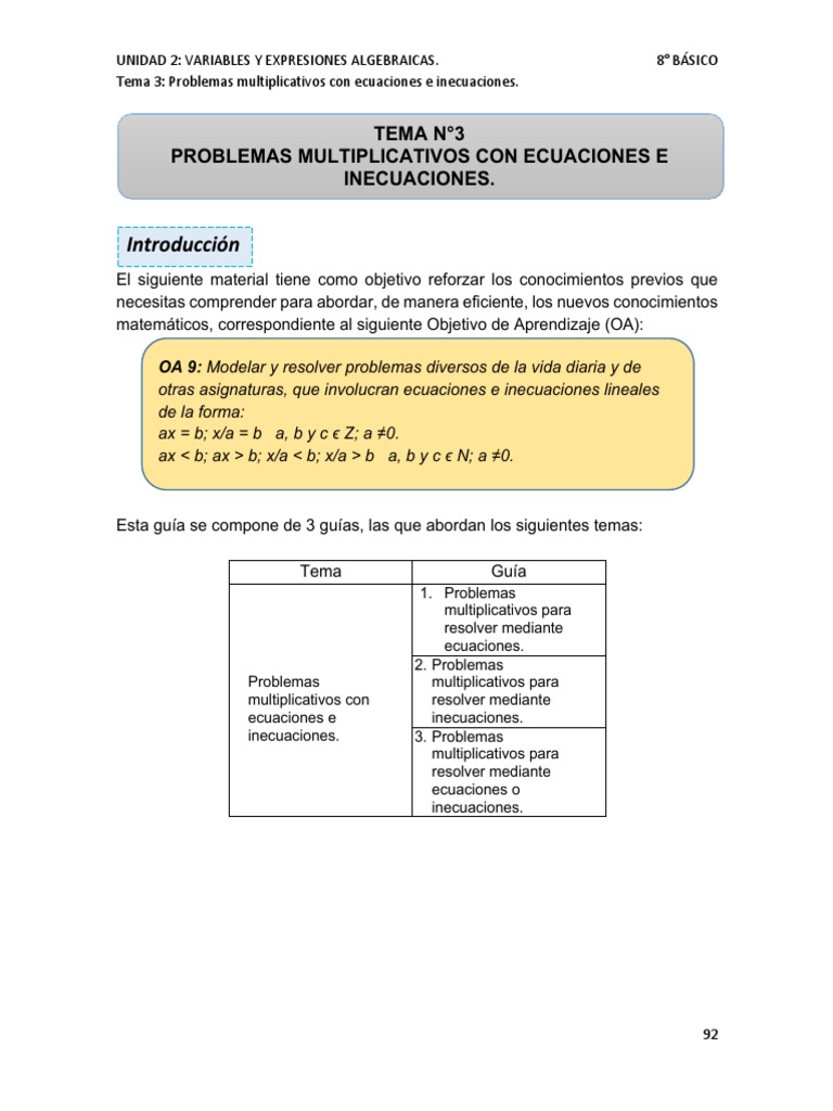 Guía 8vo ECUACIONES E INECUACIONES 3 | PDF | Ecuaciones | Multiplicación