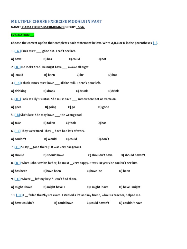 (Template) Multiple Choice Exercise Modals in Past | PDF