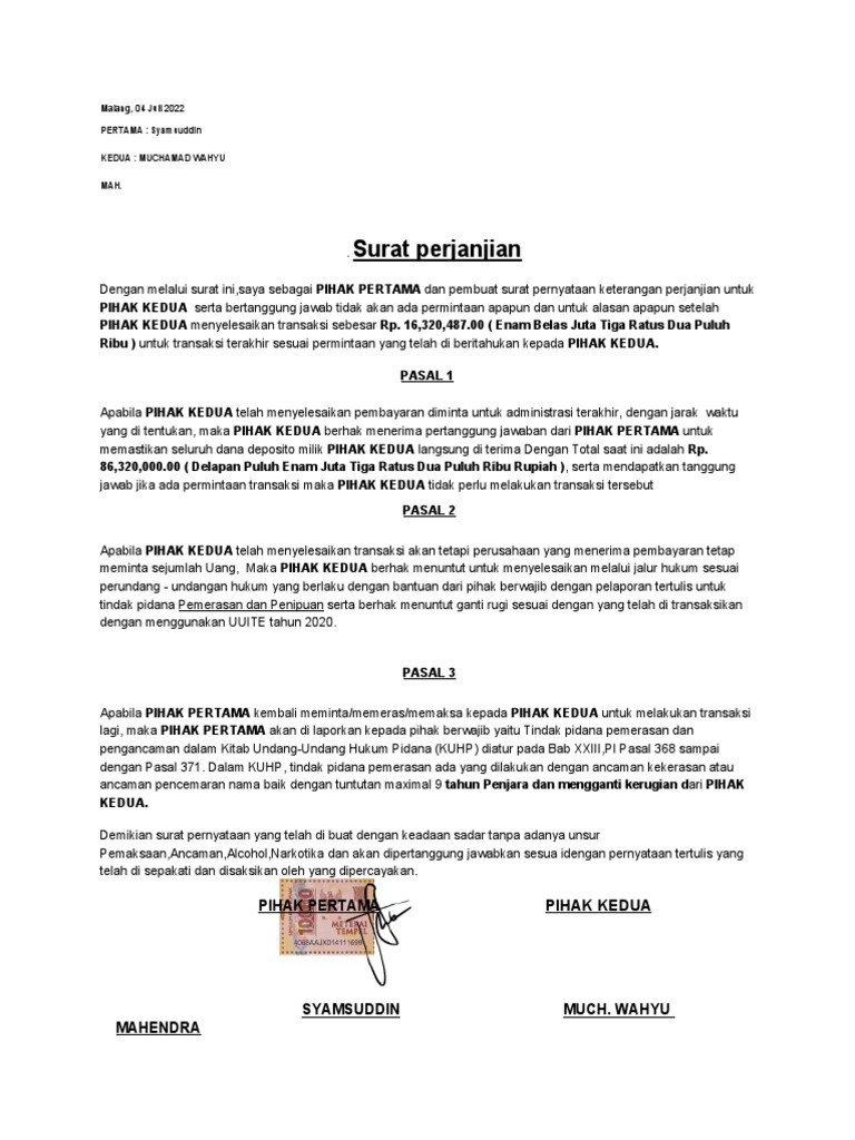 Surat Perjanjian Pihak Pertama dan Kedua | PDF