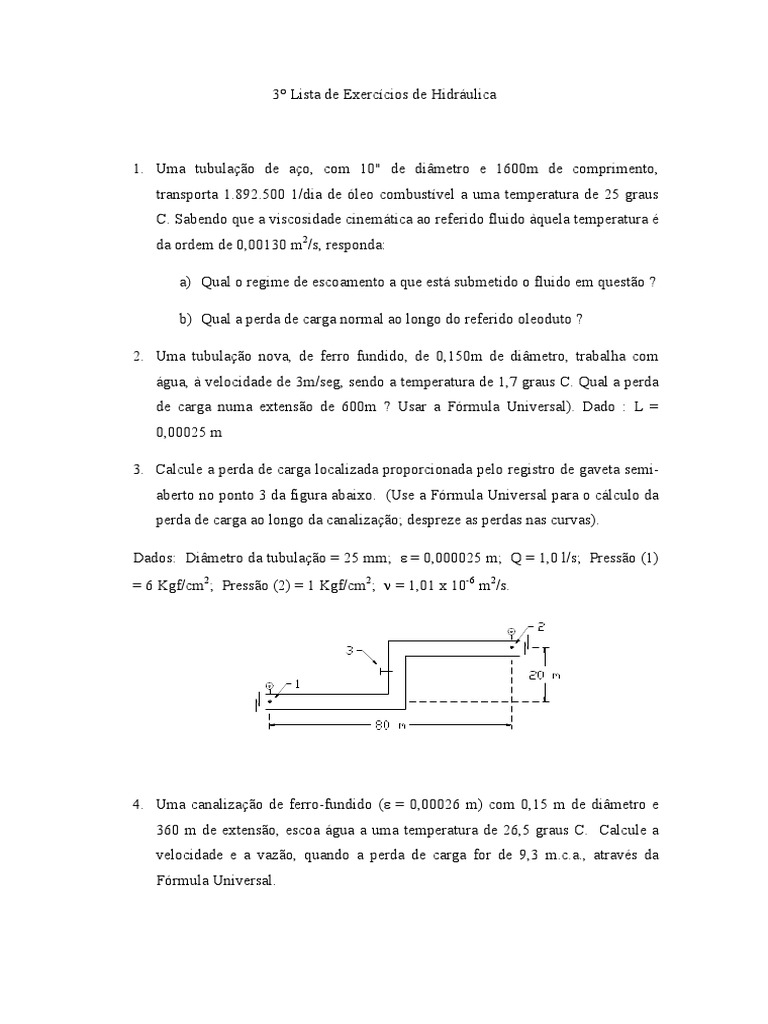 3a Lista - Condutos Forçados | PDF | Descarga (hidrologia) | Engenharia ...