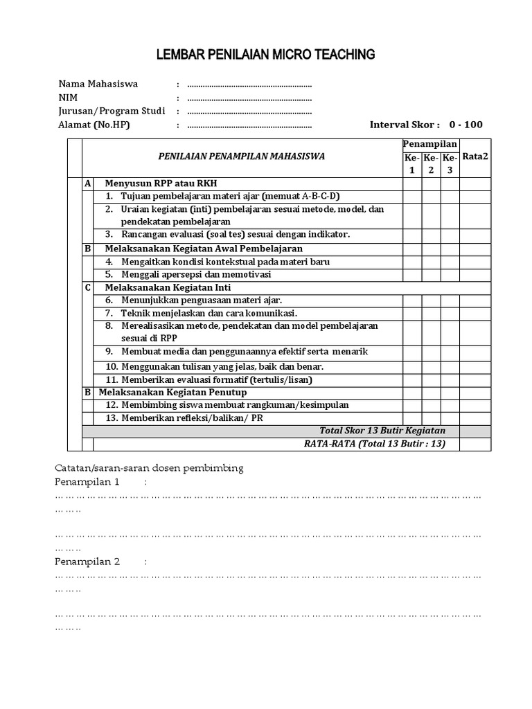 01-Lembar Penilaian Micro Teaching | PDF