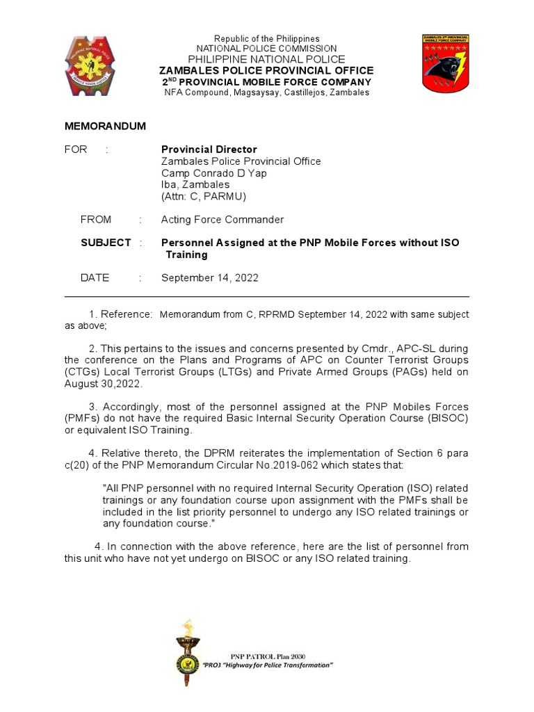 PNP Mobile Forces BISOC Training Memo | PDF | Military | National Security