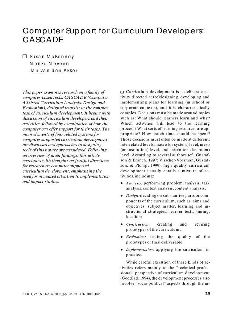 Computer Support For Curriculum Developers: Cascade: Susan Mckenney Nienke Nieveen Jan Van Den ...
