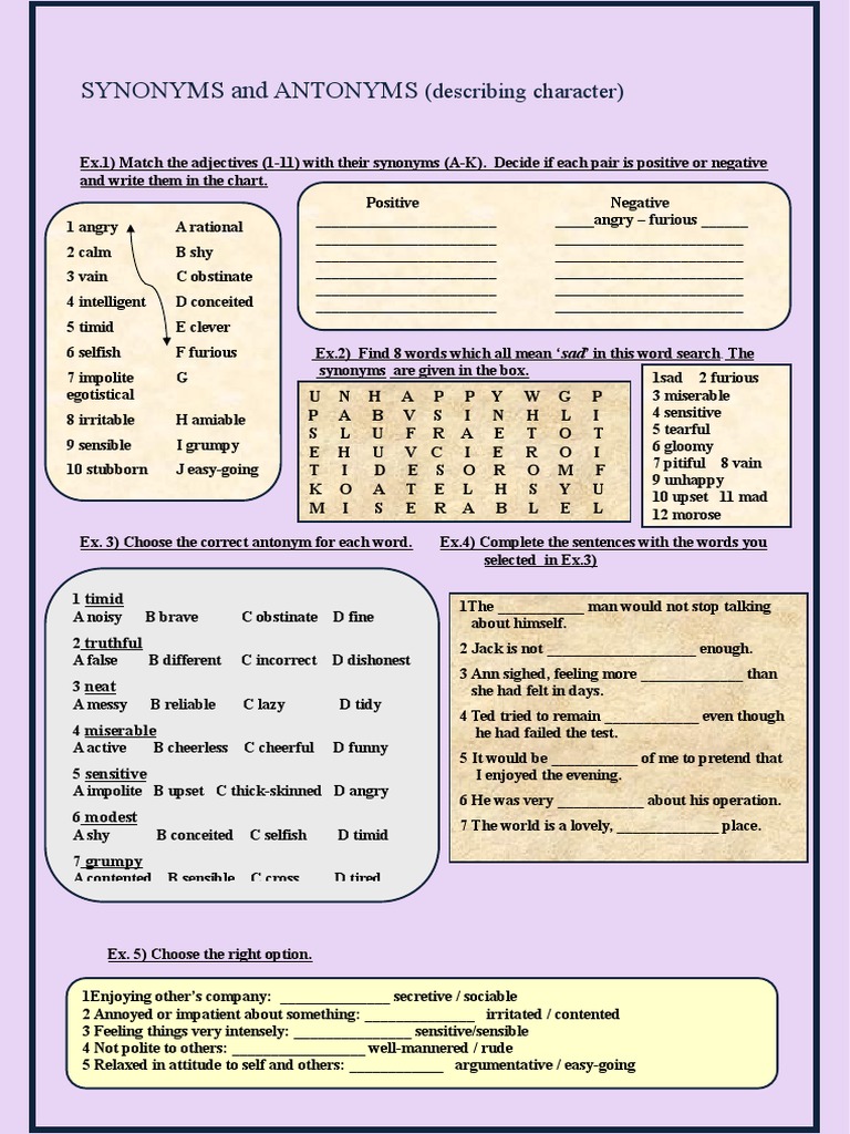 Synonyms and Antonyms: (Describing Character) | PDF
