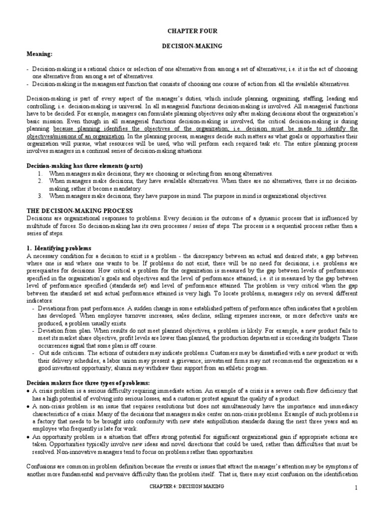 Introduction To Management Chapter Four | PDF | Decision Making | Risk