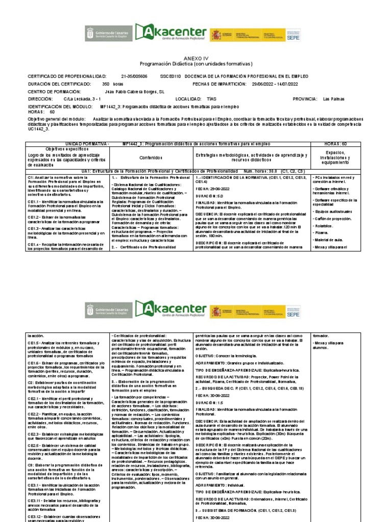 Anexo-Iv-Mf-2542-Programacion-Didactica Ejemplo | PDF | Evaluación | Método de enseñanza