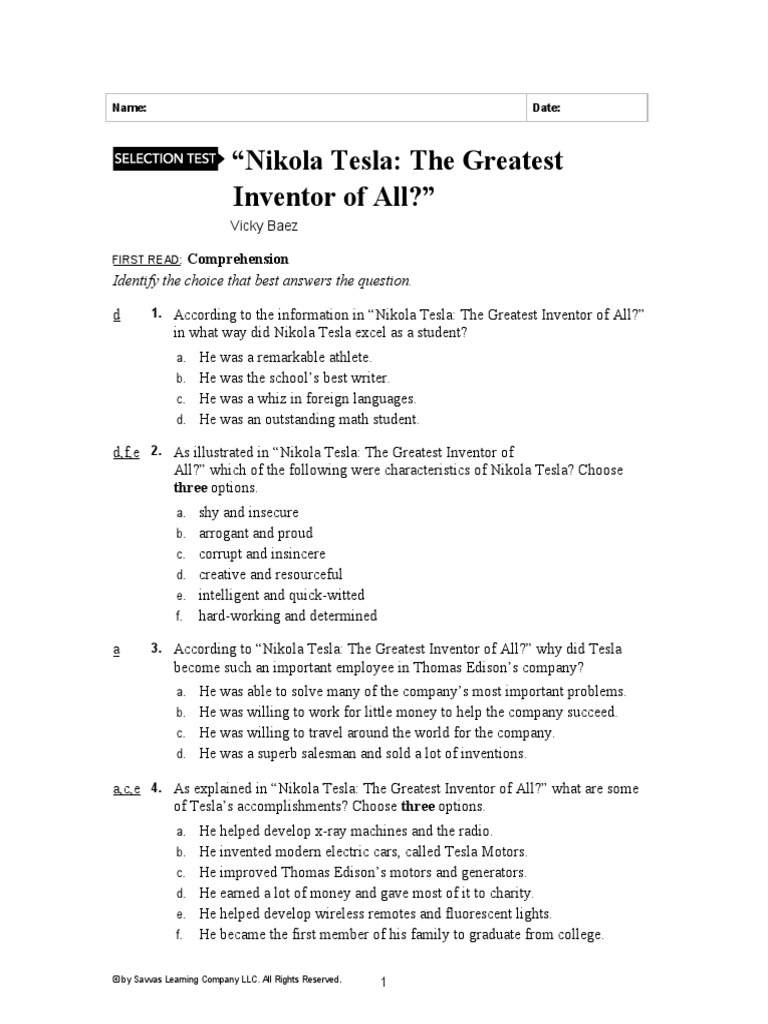 Tesla Selection Test | PDF | Nikola Tesla | Thomas Edison