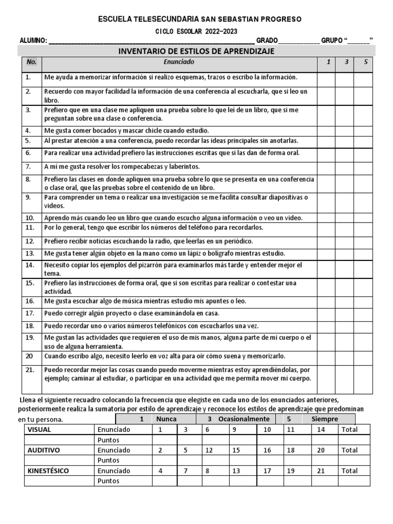 TEST VAK Estilos de Aprendizaje TECNICA 60 | Descargar gratis PDF ...