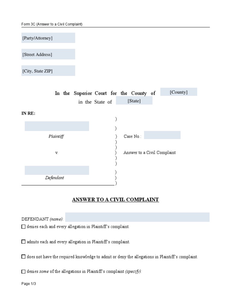 Answer Civil Complaint Form 3C | PDF