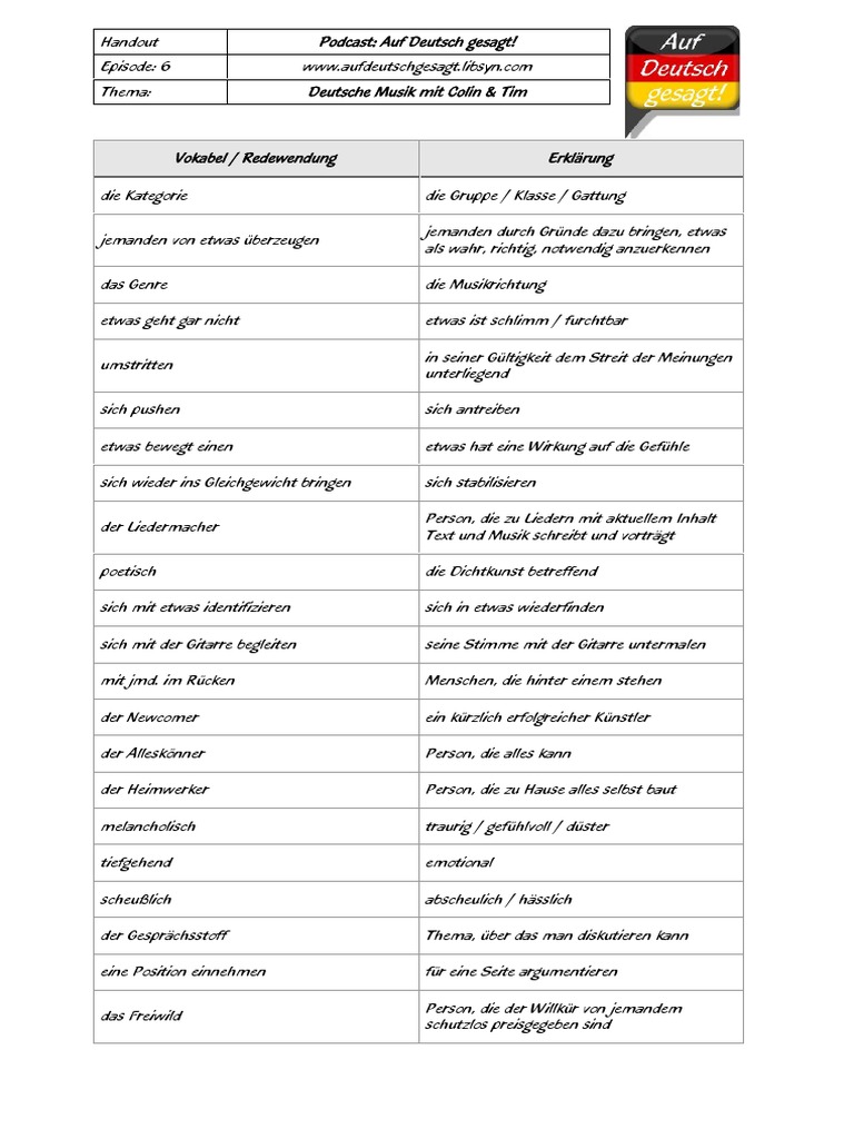 Episode - 6 - Handout - Deutsche Musik Mit Colin & Tim | PDF
