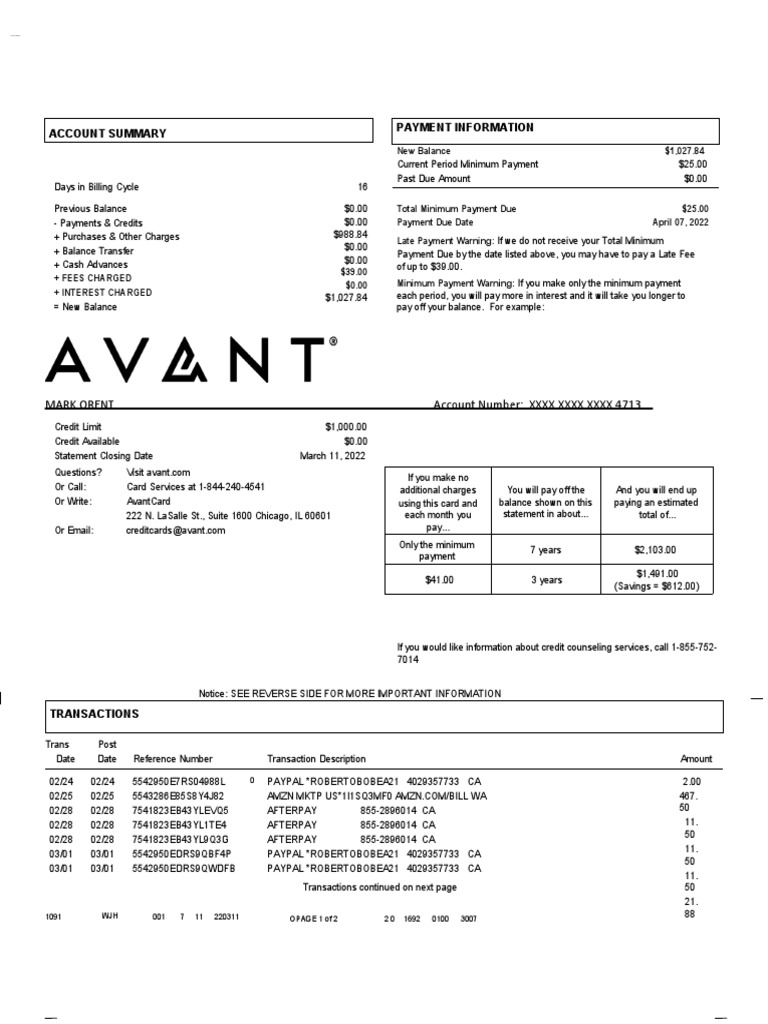 Statement 03-11-22 Mark Orent Ma Avant... | PDF | Credit Card | Payments
