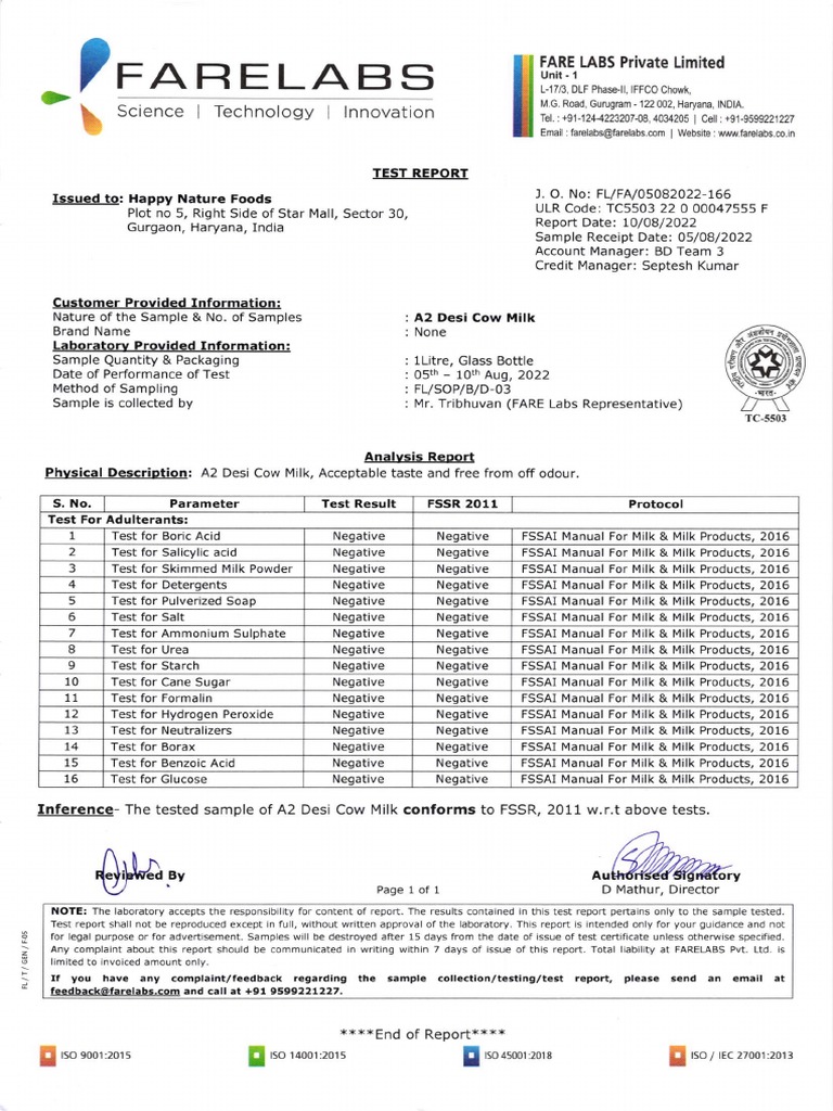 Test Report of A2 Desi Cow Milk (-166) | PDF | Milk | Chemical Substances