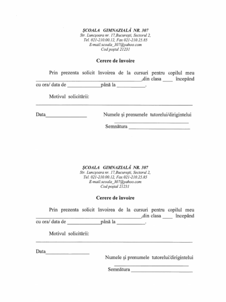Cerere Învoire Elevi | PDF