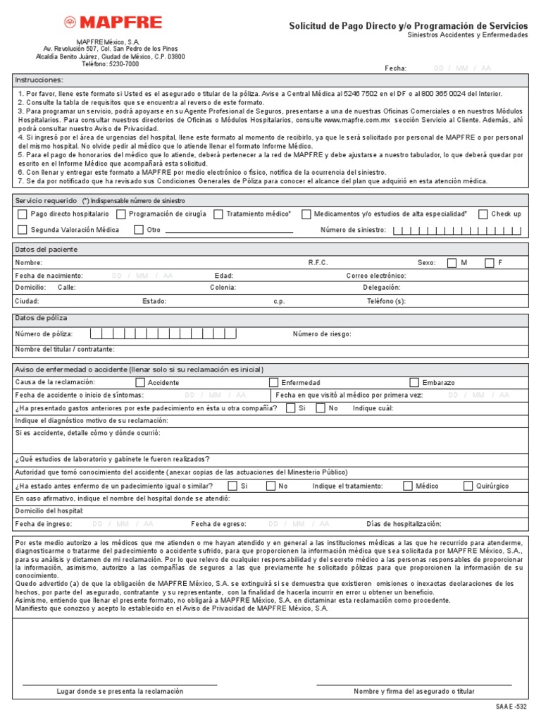 Solicitud Pago Directo Servicios - tcm584 90720 | PDF | Seguro | Póliza ...