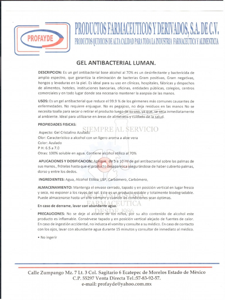 Ficha Tecnica Gel Antibacterial Luman 1 001 | PDF