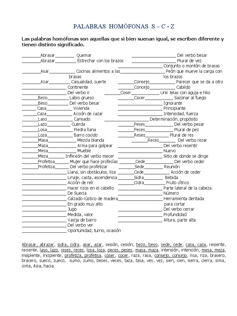 Palabras Homofonas S, C, Z | PDF