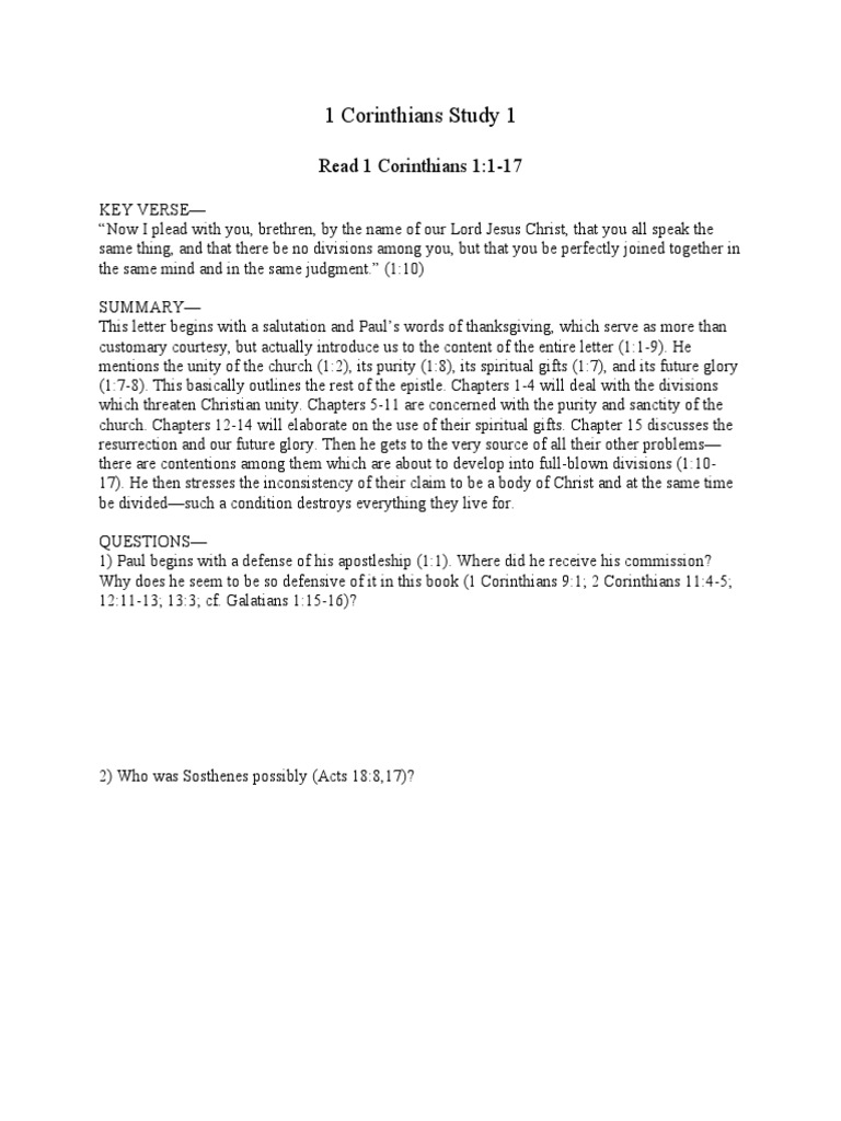 1 Corinthians Study 1 | PDF | First Epistle To The Corinthians | Paul ...