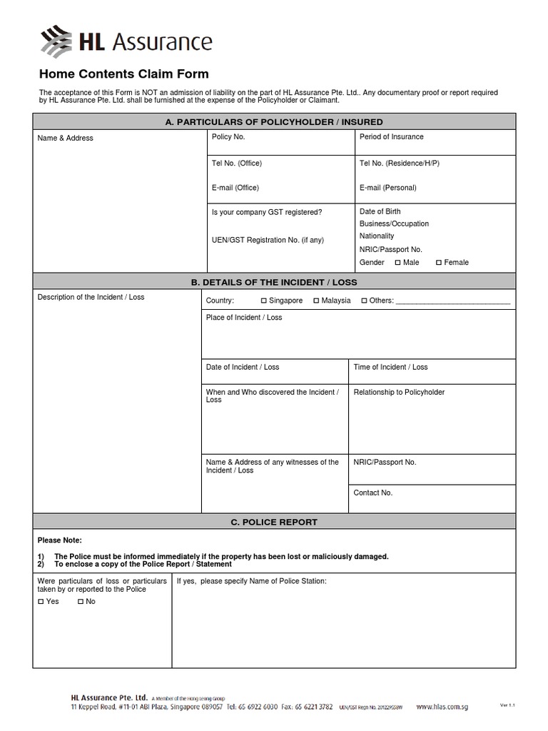 Home Contents Claim Form | Download Free PDF | Insurance | Business Law