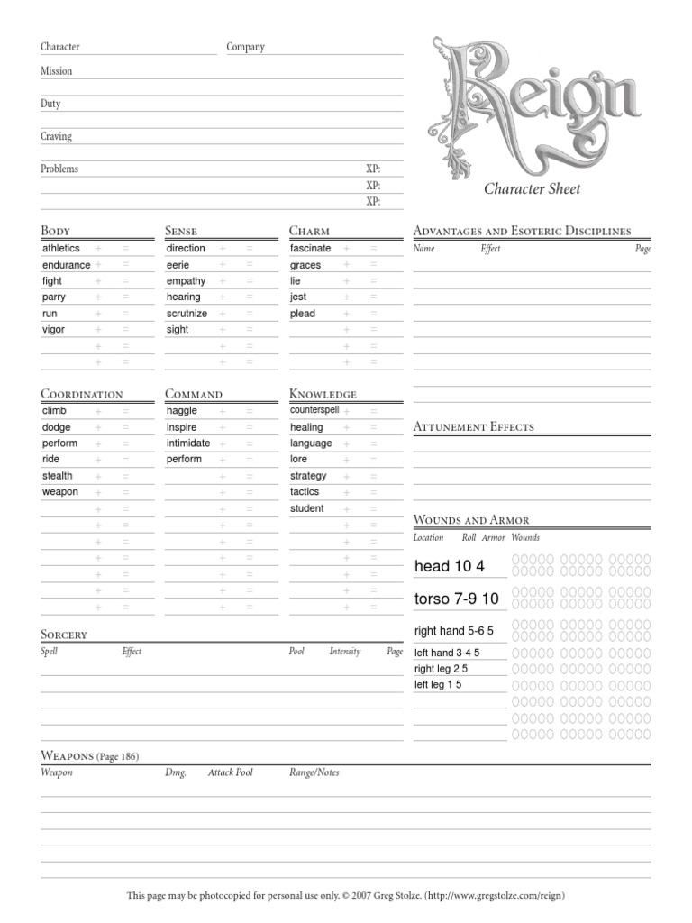 REIGN Character Sheet Fillable | PDF