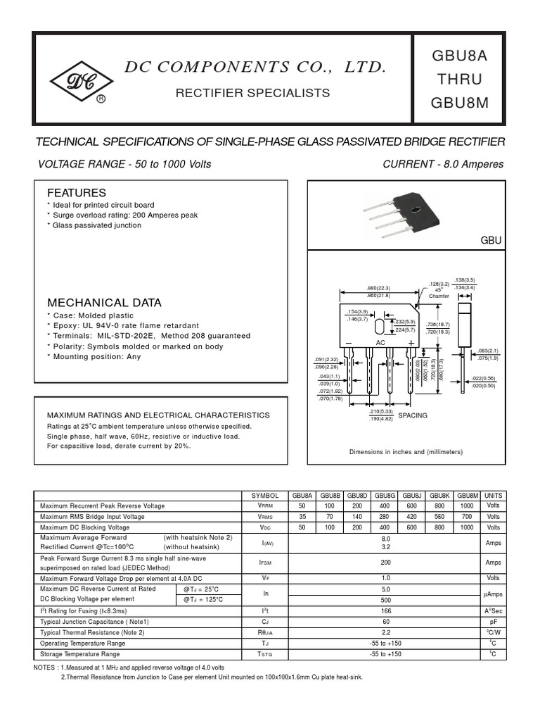 Gbu8d-Dc Components | Download Free PDF | Rectifier | Electrical Components